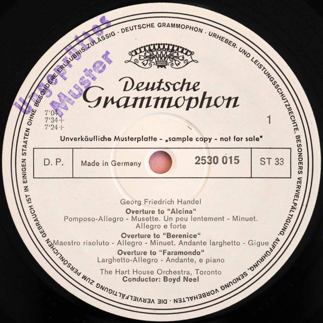 LP レコード 白レーベル/非売品 テストプレス ニールのヘンデル/「アルチーナ」序曲ほか 独DGG 3712